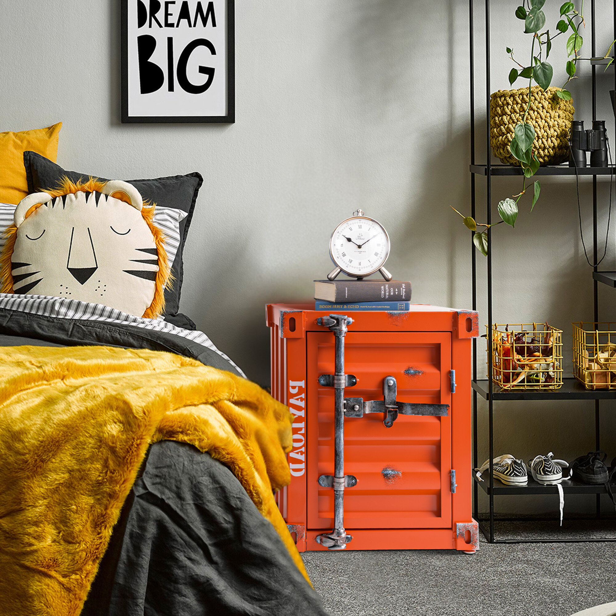 Trenecia Industrial Container Iron Block End Table with Storage Accent Chest Latitude Run Color Orange